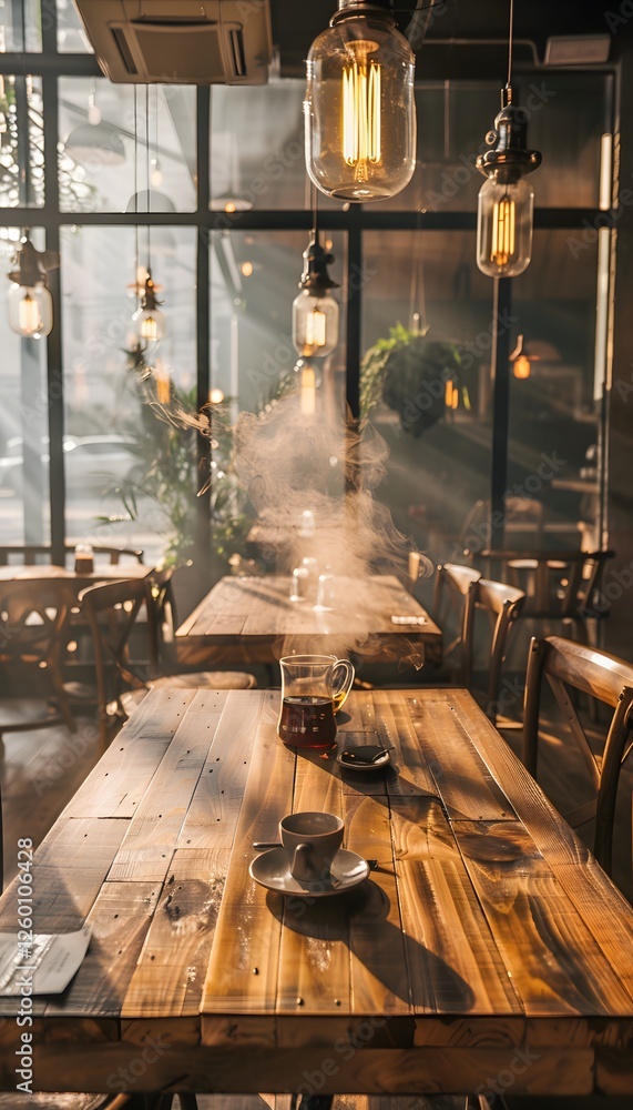 A cozy coffee shop interior with warm wooden decor, golden ambient ...
