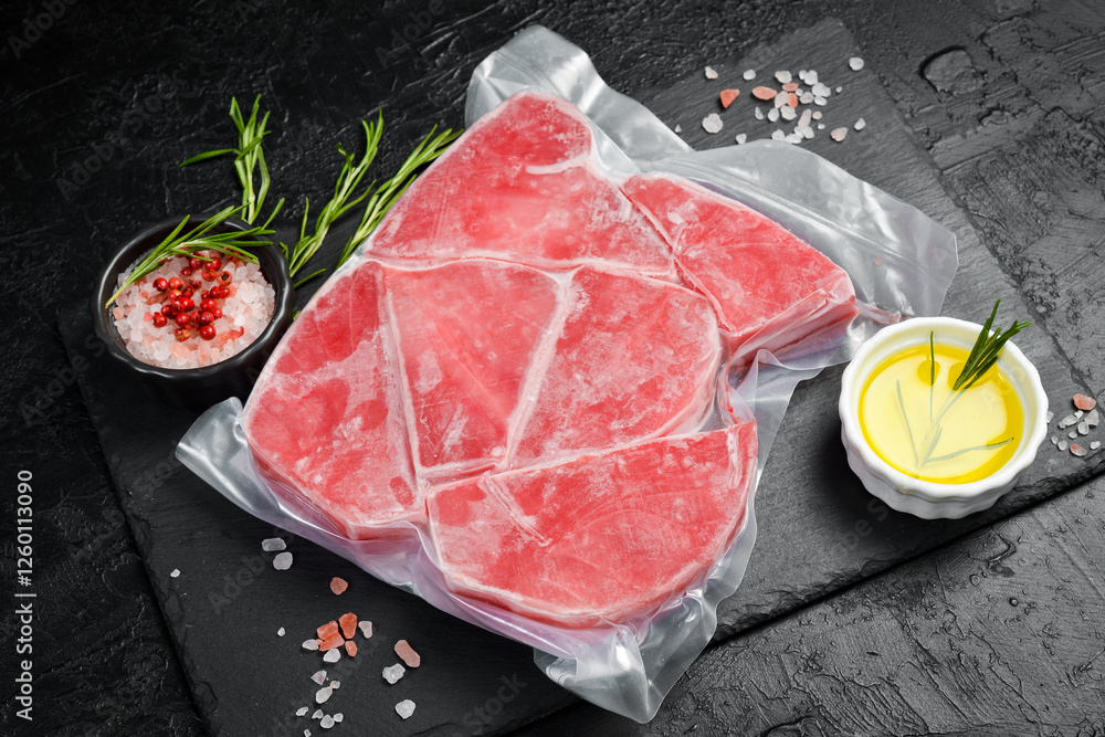 Vacuum packaging with tuna steaks. Raw frozen tuna fillet. Top view ...