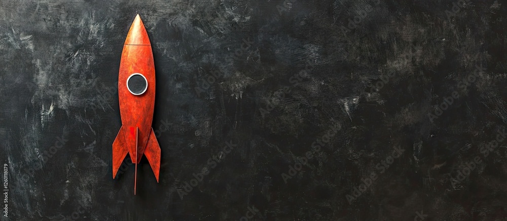 Red paper rocket cutout against a dark blackboard background positioned ...
