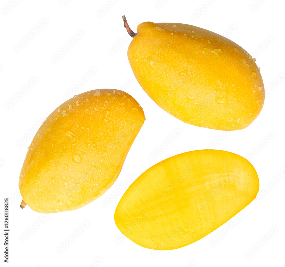 Top view set of two ripe yellow mangoes with half and water drops ...