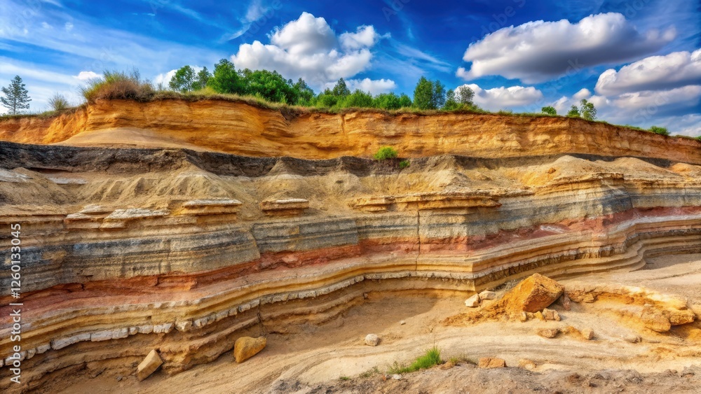 Geological layers of earth exposed in deep sand pit with ancient ...