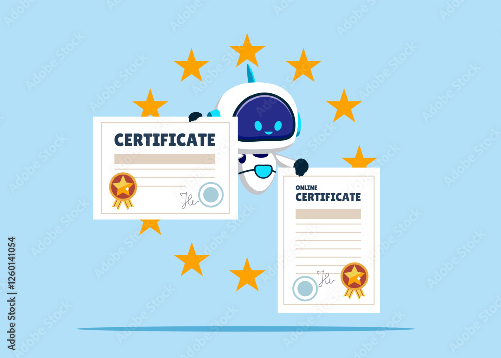 Robot holding or getting a certificate and award paper. prize and ...