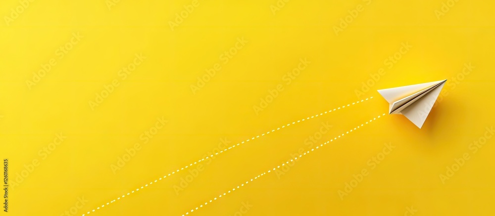 Paper airplane soaring on a vibrant yellow background with a dashed ...