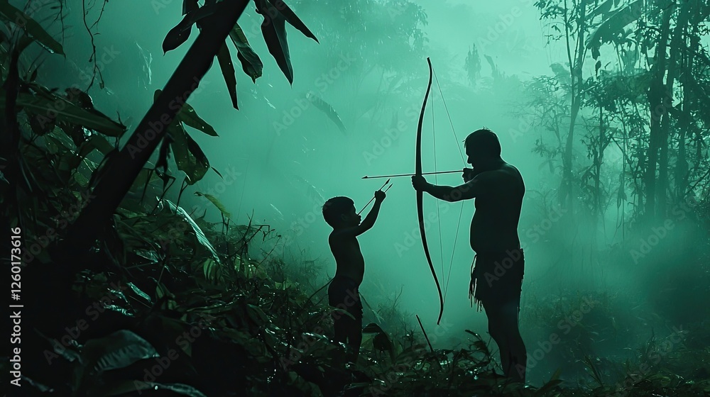 Silhouettes of a father teaching his child how to use a bow in a dense ...