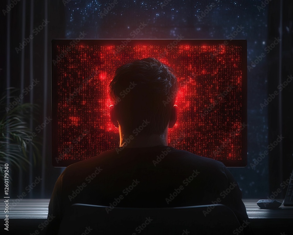 User watching ransomware attack home office digital dark rear view ...