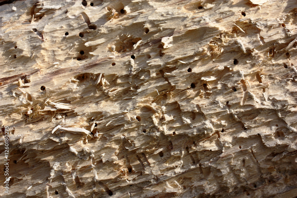 Fragment of old wood with an uneven surface. Everywhere the openings ...