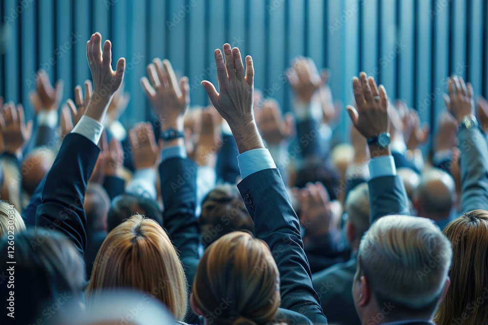 Audience participation in a conference or meeting, many hands raised in ...