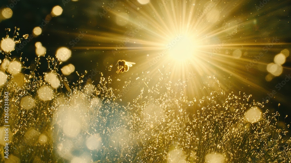 Bee pollinating flowers under bright sunlight nature scene macro ...