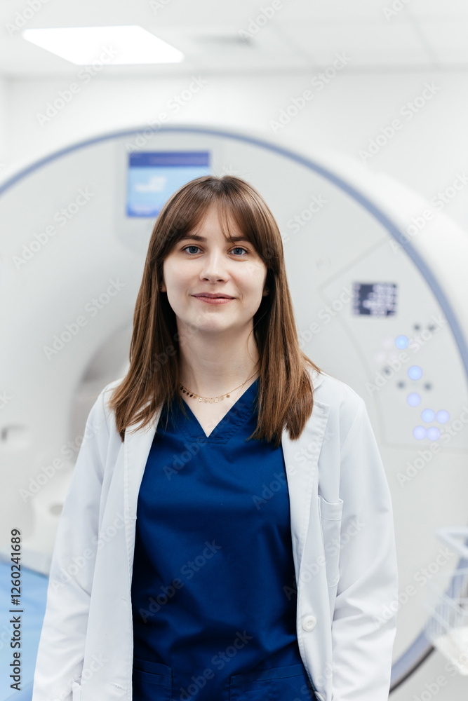 Portrait of attractive female doctor radiologist friendly smiling, wear ...