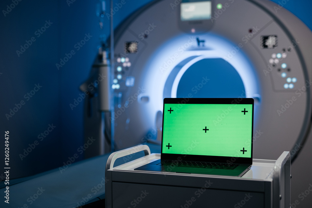 Computed tomography scan, green mock-up on laptop. Medical research ...