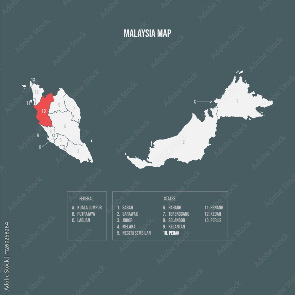 Malaysia Map with 13 States and 3 Federal Territories - Perak Stock ...