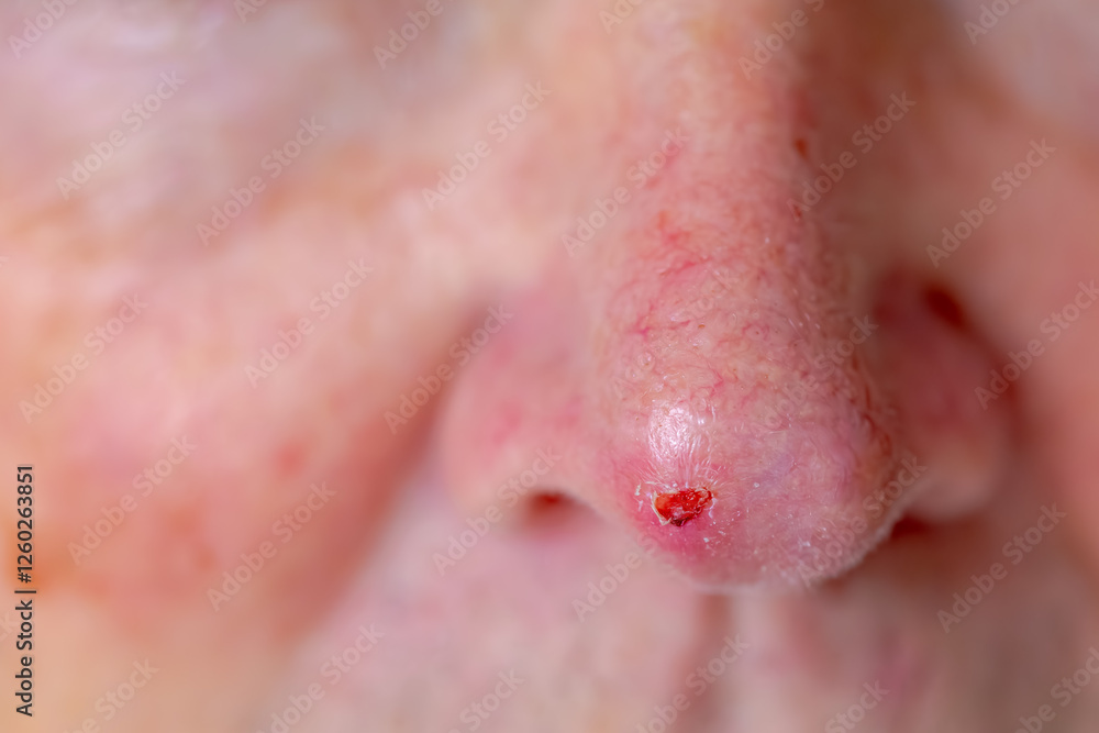 Health care concept, Selective focus of european man with red spot on ...