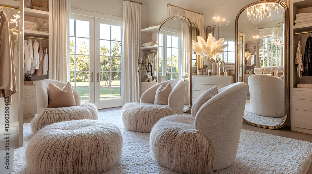 Elegant walk-in closet featuring plush chairs, large mirrors, and ...