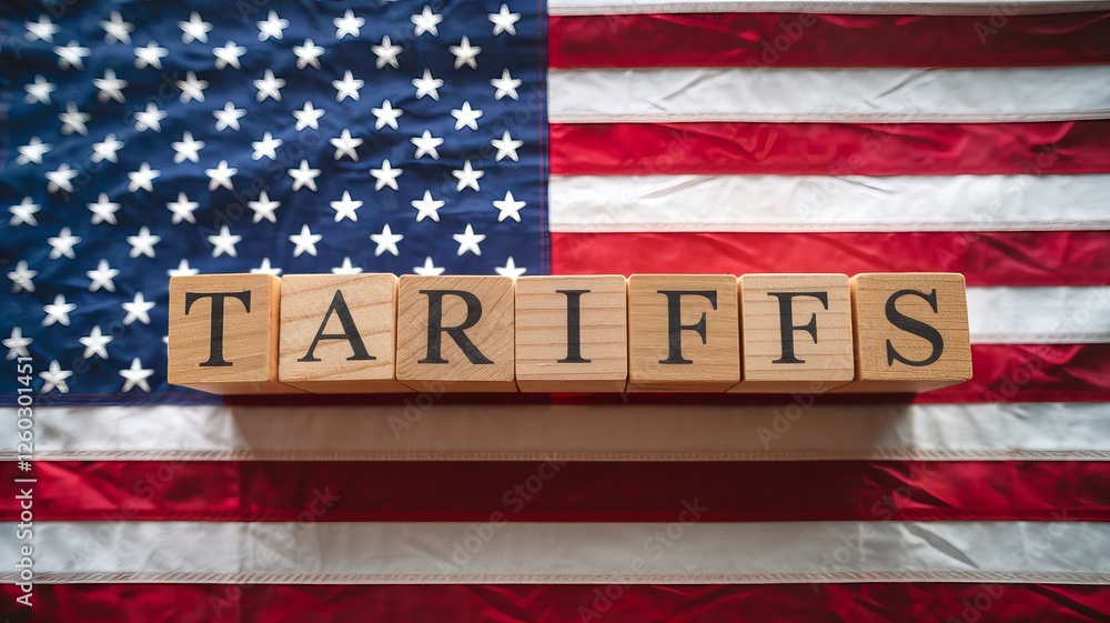 Foto de Stock tariffs wooden blocks on USA flag, Decreasing stock bar ...