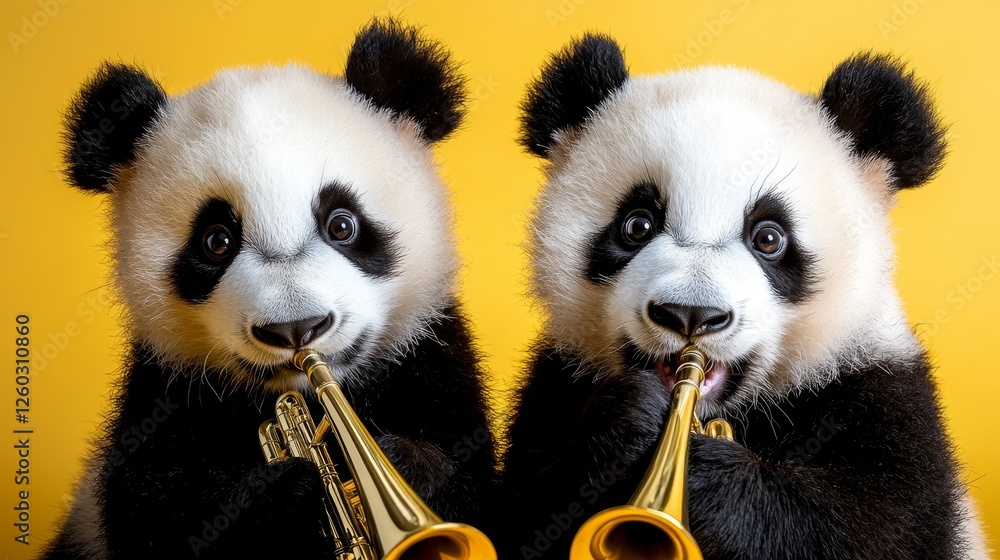 two panda bears playing trumpets in front of a bright yellow background ...