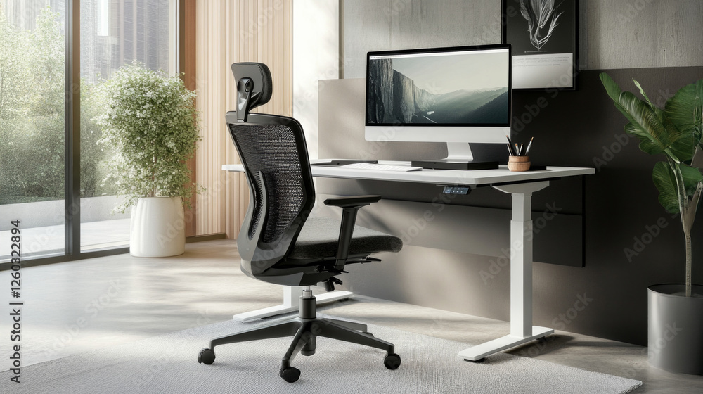 Ergonomic office setup featuring a modern chair and desktop computer in ...