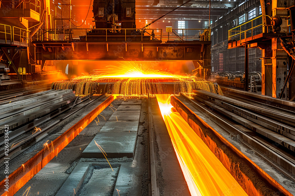 Molten metal flows in a factory during the steel production process ...