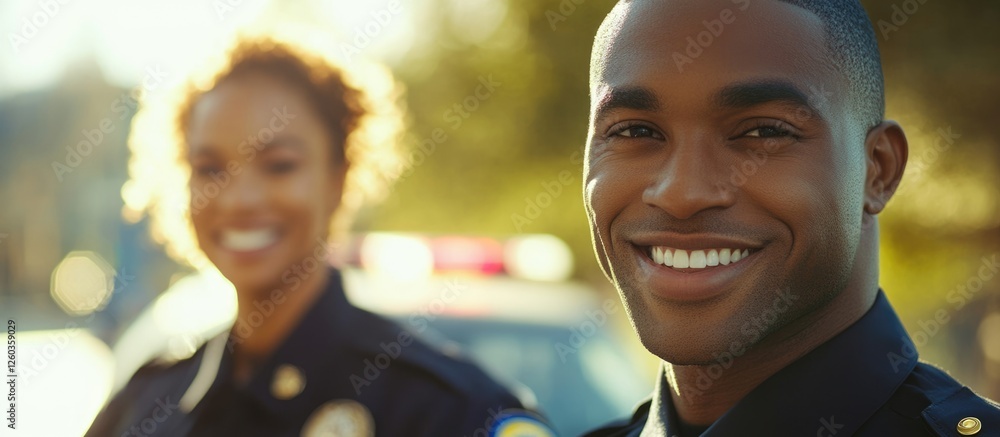 Smiling African American police officer couple in daylight with police ...