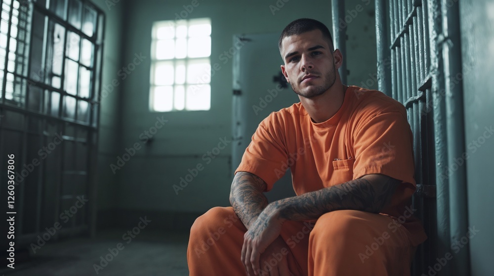 Man in prison uniform in contemplative pose. Represents social justice ...