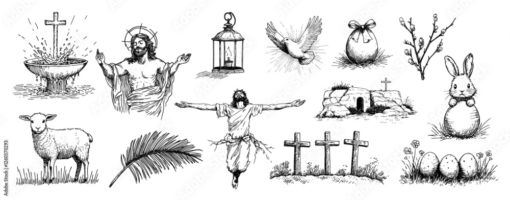 Easter Christian symbols icon collection vector doodle black sketch ...