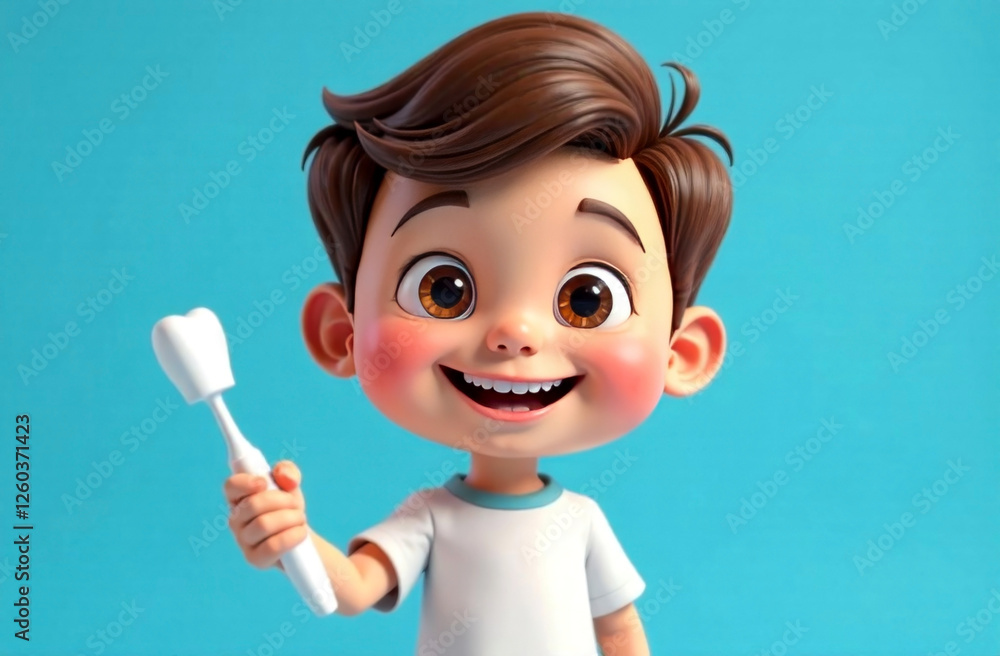 Cartoon boy holding a mock-up of a tooth, toothbrush and toothpaste on ...