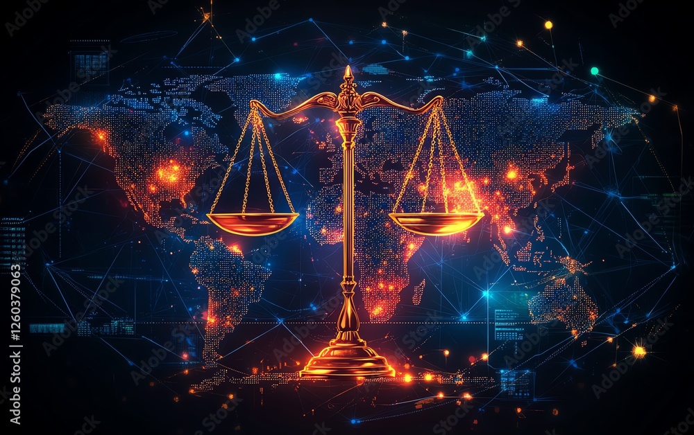 Detailed depiction of global finance law with scales of justice on a ...