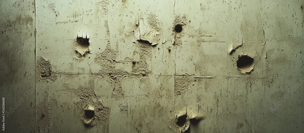 Weathered wall with visible bullet holes and faded white paint ...