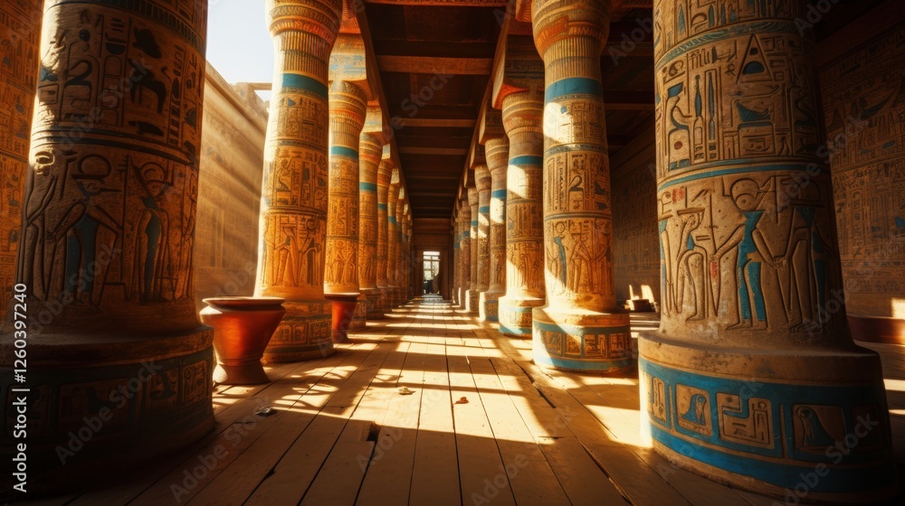 Ancient Egyptian Temple Interior with Colorful Hieroglyphs and ...