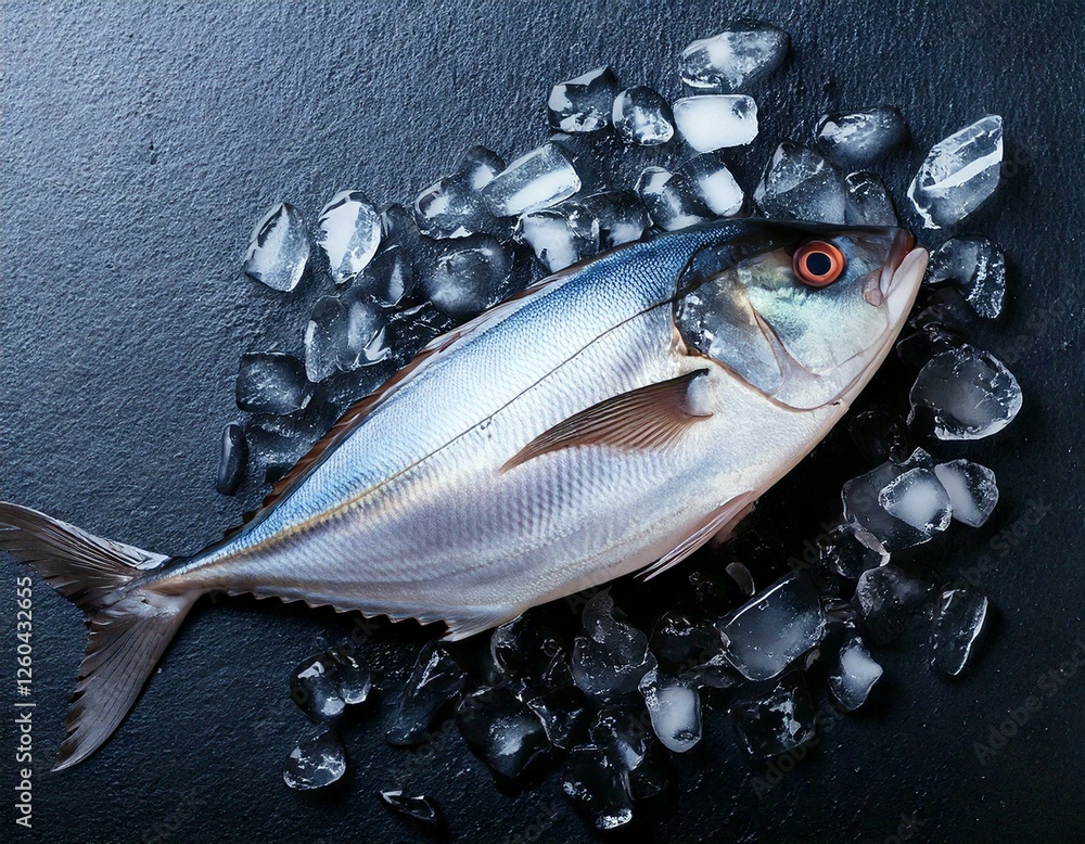 Generated imageFresh whole tuna with ice cubes on the table, top view ...