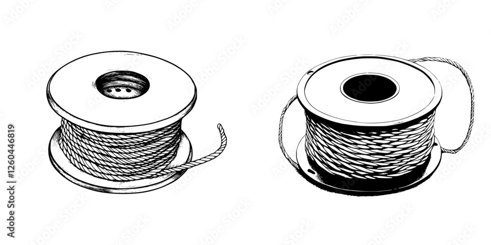 Various types of spools with different designs and cord types displayed ...