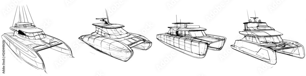 Various designs of catamarans showcased in a creative sketch format ...