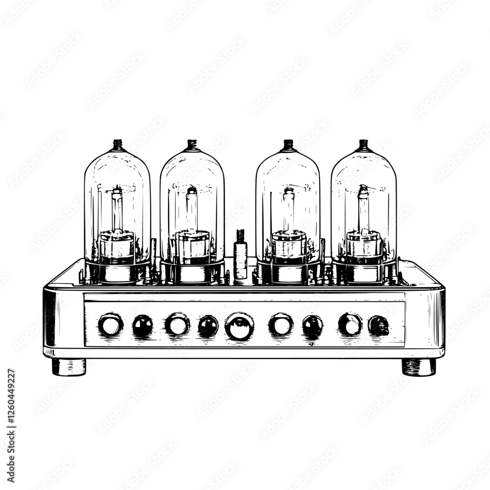 Classic vacuum tube audio amplifier with vintage design and glass tubes ...