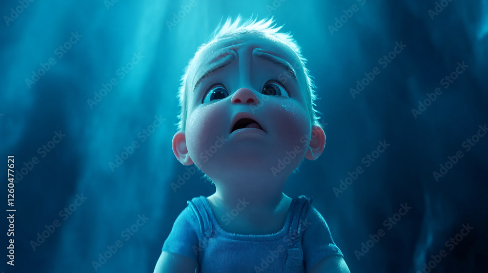 Animated character of a little prince with a crying baby against a blue ...