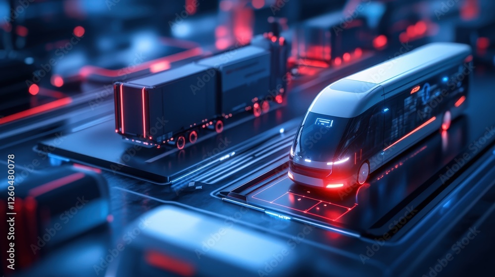 Futuristic transportation scene featuring a sleek bus and a transport ...