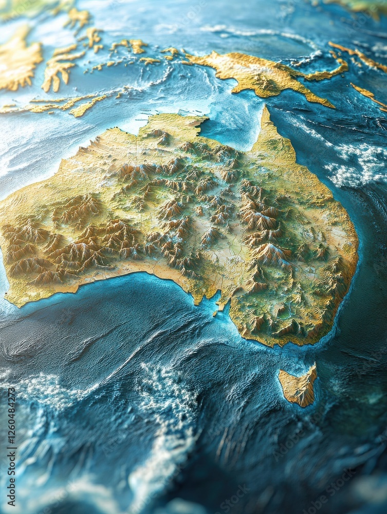 Photo Stock 3D map of Australia with exaggerated topography and borders ...