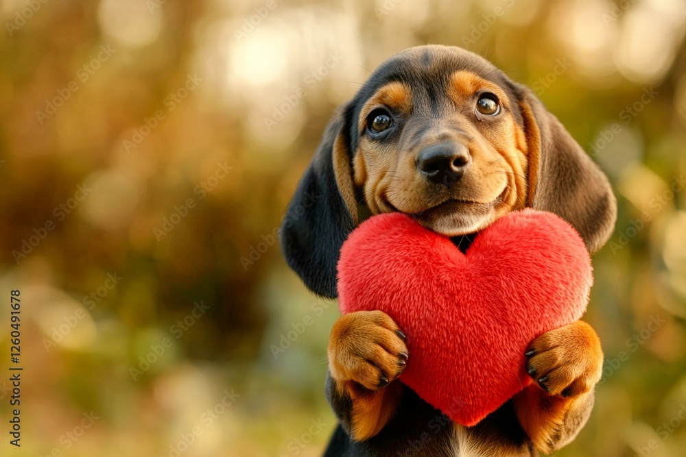 Cute bloodhound canine with fluffy red heart on a walk in a spring ...