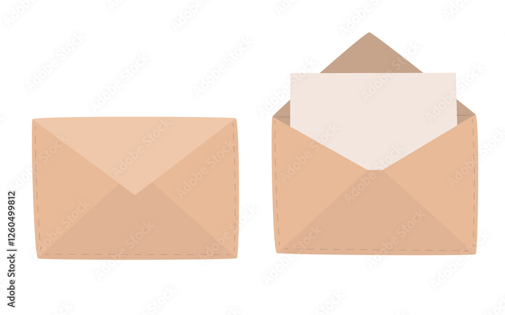 Closed and open envelope with empty sheet of paper. Illustration on ...