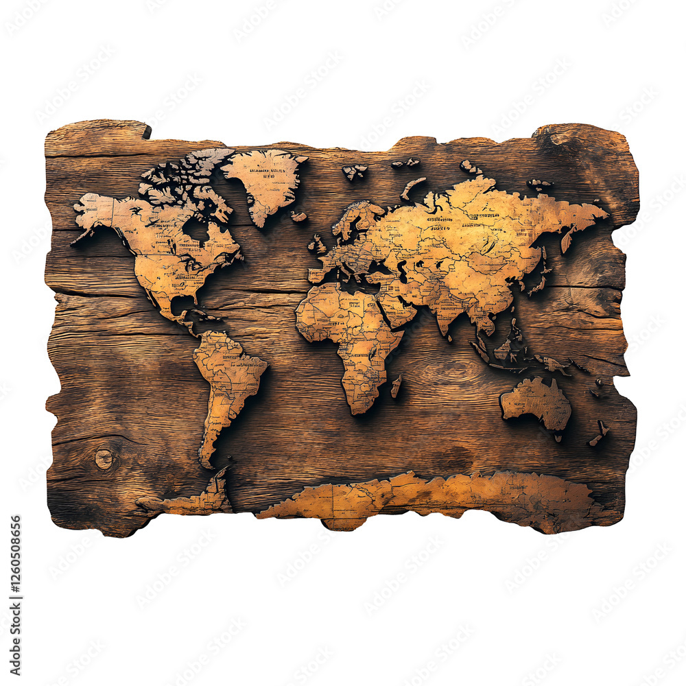 Detailed World Map Carved in Wood on transparent background Stock Photo ...