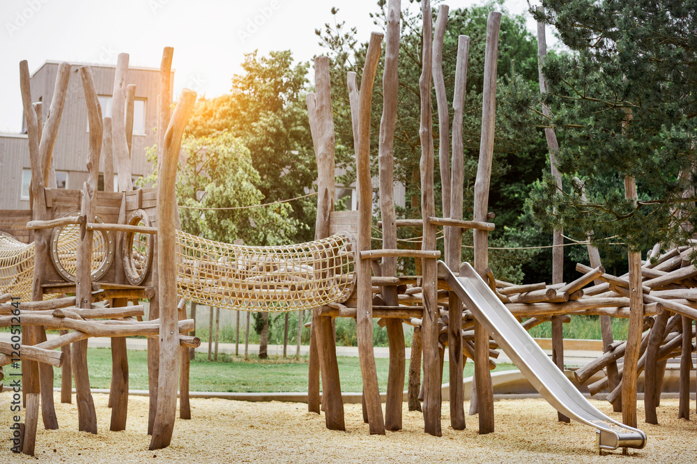 Playground Wood Equipment on Nature Background. Modern Children Wooden ...