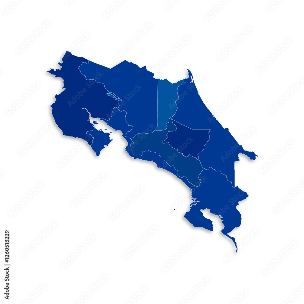 Costa Rica map with border highlighted regions, states, isolated on ...