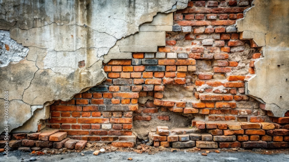 Dilapidated brick wall with a cracked corner, crumbling mortar and ...