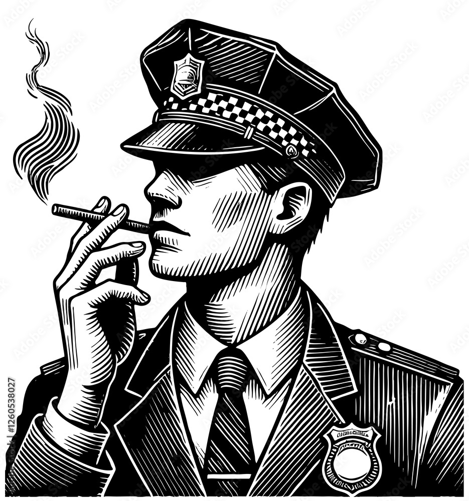 police officer in uniform smoking a cigar, evoking a noir-style, old ...