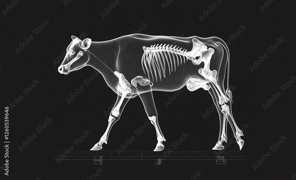 X-ray side view of walking cow skeleton on black background Stock ...
