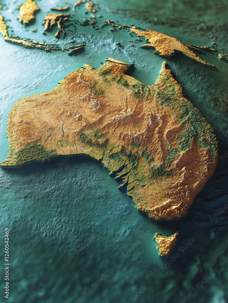 Photo Stock 3D map of Australia with exaggerated topography and borders ...