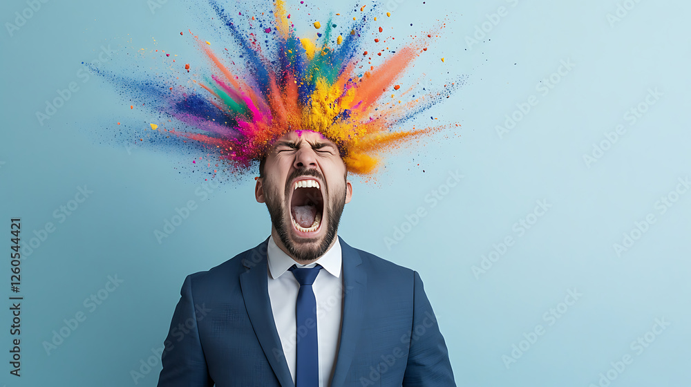 Stressed businessman screaming with colorful powder exploding from his head, representing ...