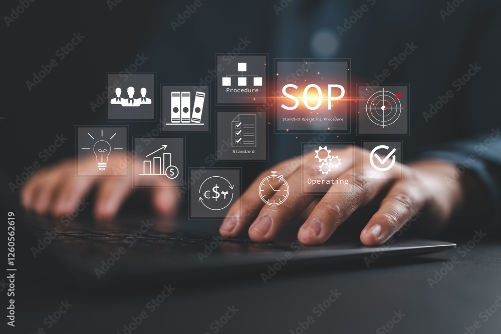 SOP Standard Operating Procedure business concept. Businessman using a ...