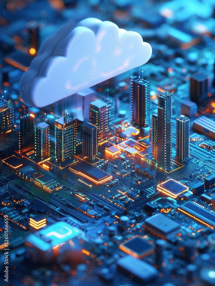 Computer circuit board and chips as a city illustrating cloud computing. Generative AI. Stock ...