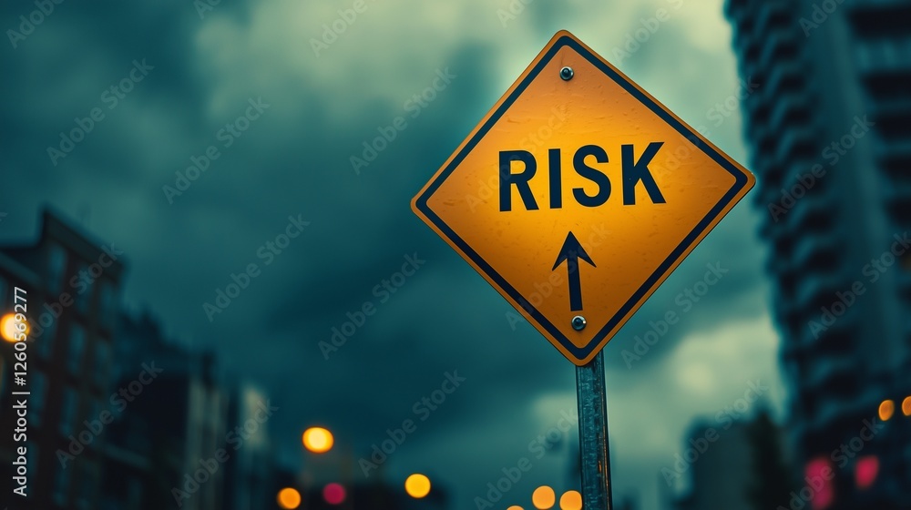 Road sign with 'risk' against stormy sky symbolizes danger ahead. Stock ...