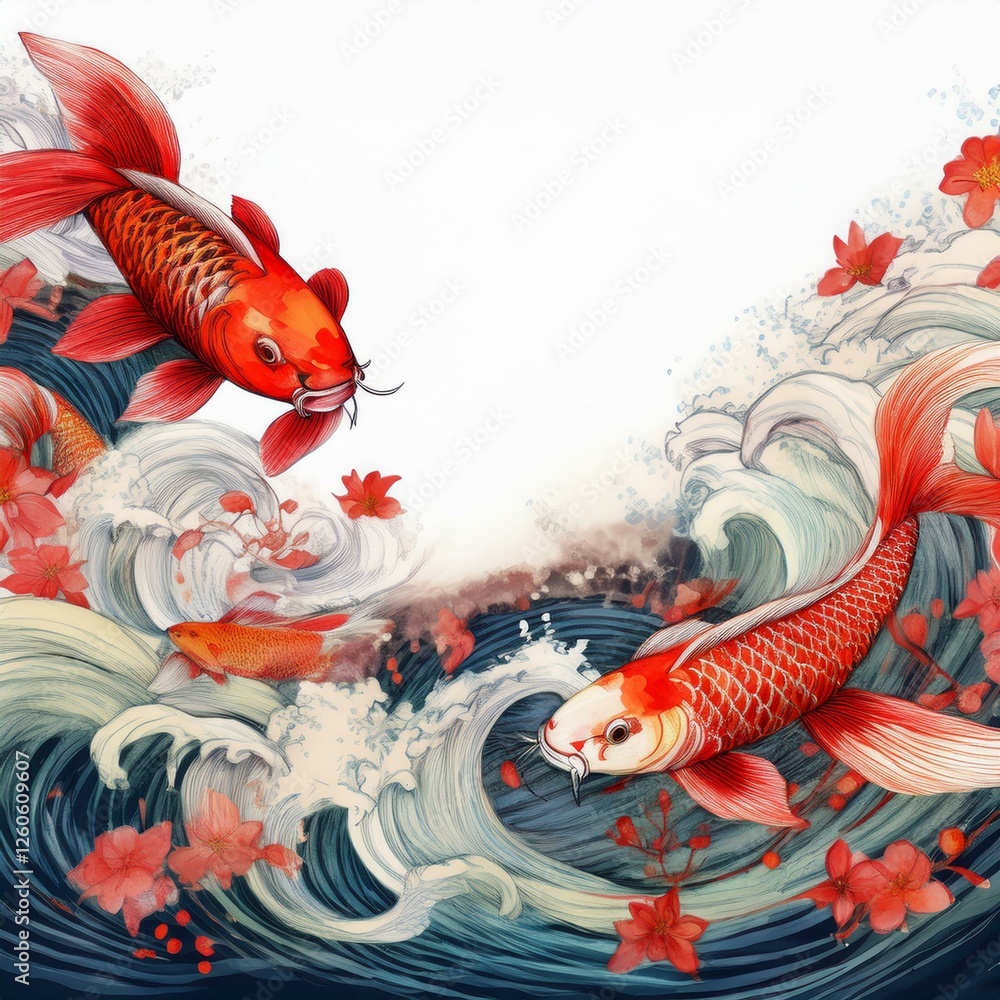 Japanese Wave and Koi Illustration as a seamless border frame pattern ...