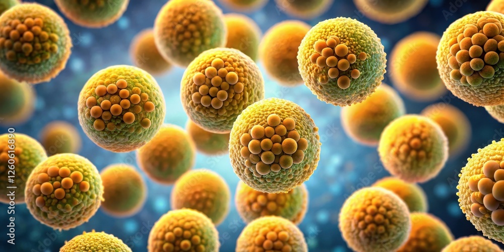 Cluster of spherical Staphylococcus aureus bacteria magnified under a ...